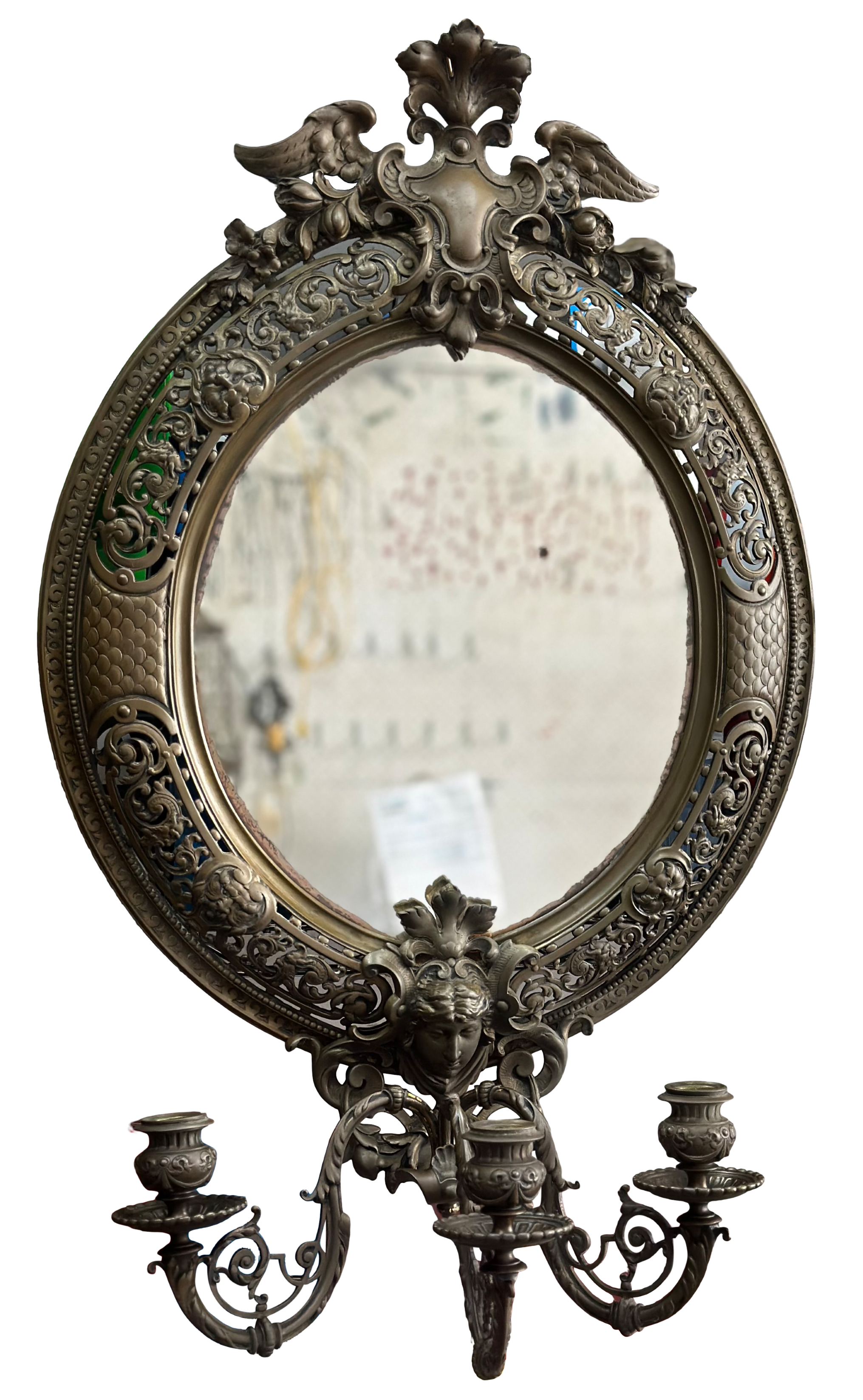 Vintage Oval Shaped Metal Mirror with 3-Arm Candelabra