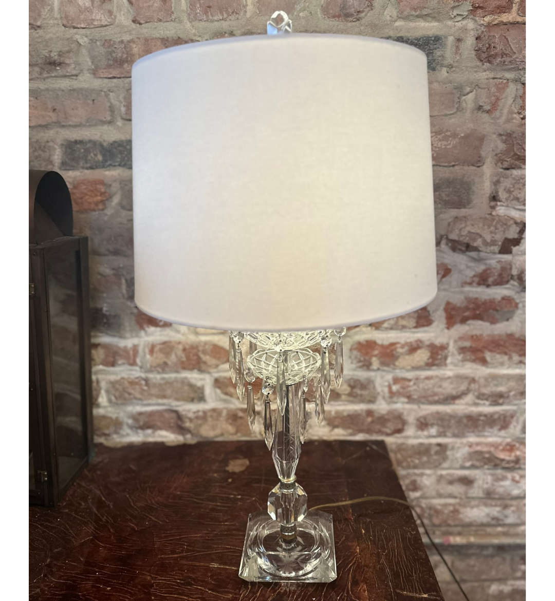 Vintage Crystal Table Lamp with Etched Base and Two Tier Drop Prisms