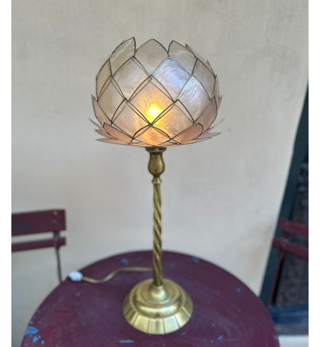 Vintage Capiz Shell Flower Table Lamp with Twisting Brass Base