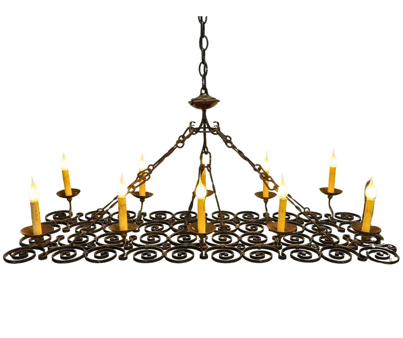 Vintage French Rectangular Scroll Iron Chandelier 10 Arms